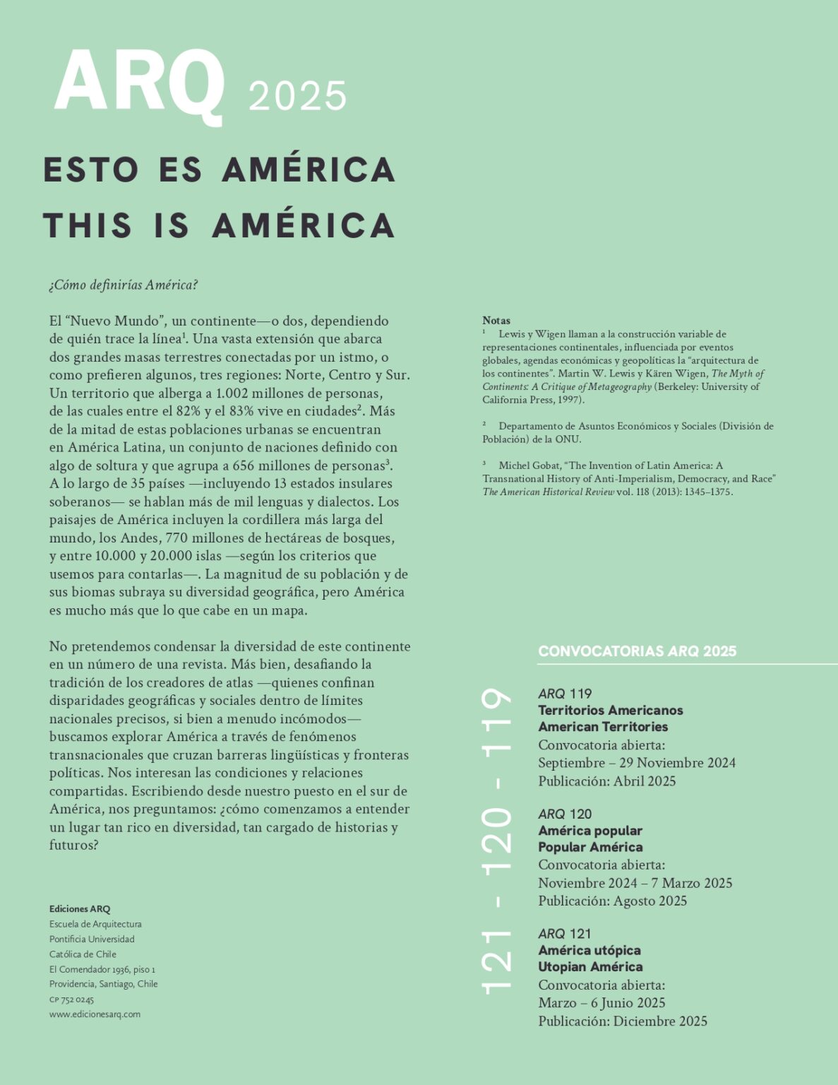 Convocatoria del ciclo 2025 de revista ARQ "Esto es América ...